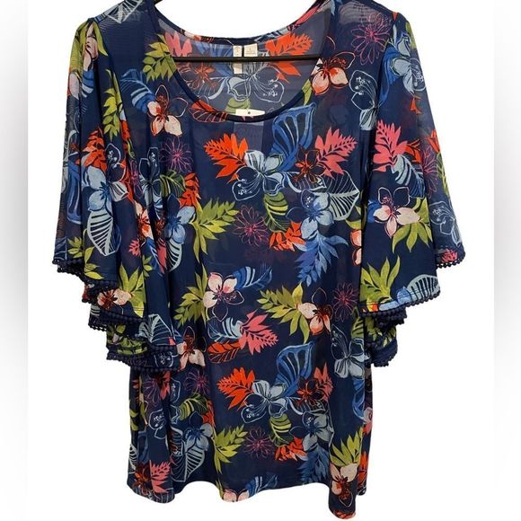 C Est. 1946 | Tops | Nwt Est 946 Tropical Floral Sheer Mesh Ruffle Pom ...